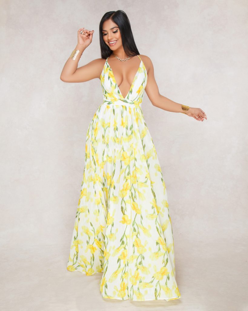 New Trendy Cute Maxi Dress Sexy Floral Print Deep V Neck Gowns