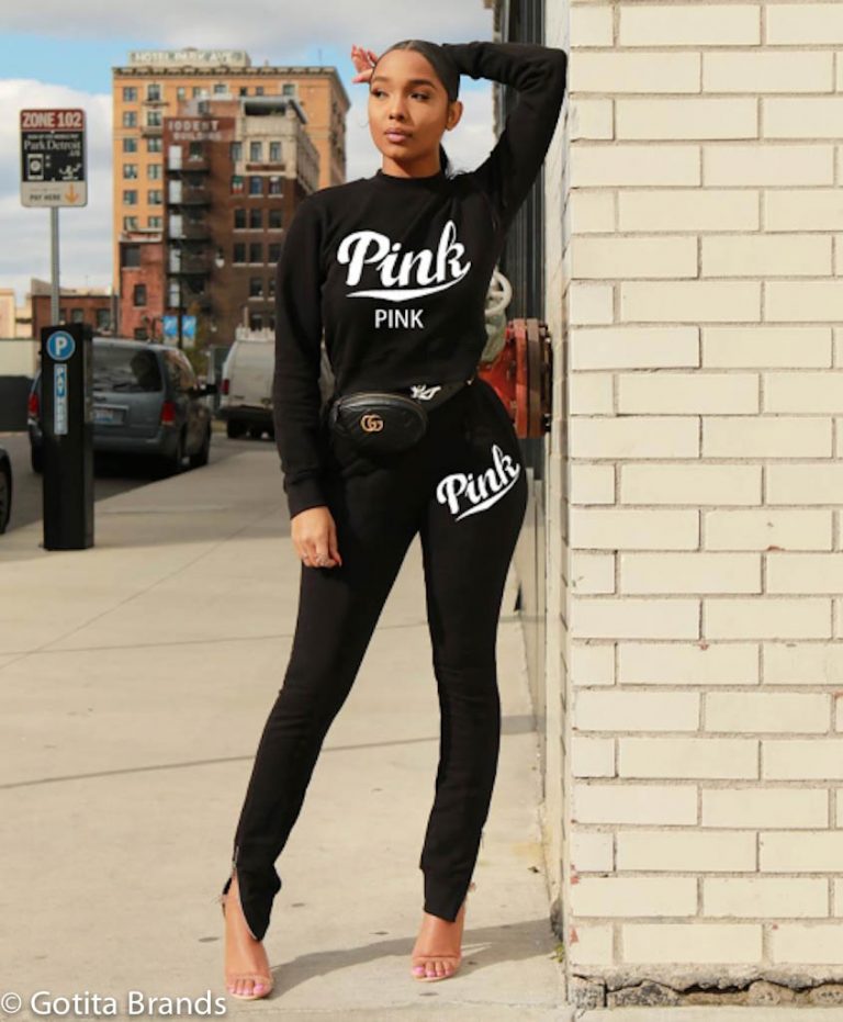 Ladies Jogging Pants Set - Printed Letter Pink Activewear - Pink ...